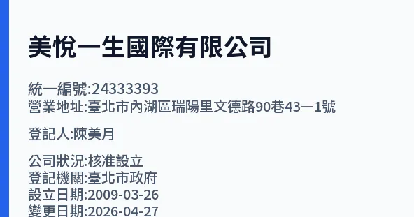 美悅一生國際有限公司的照片-統編 24333393(臺北市) 公司登記資料與營業項目詳細圖表