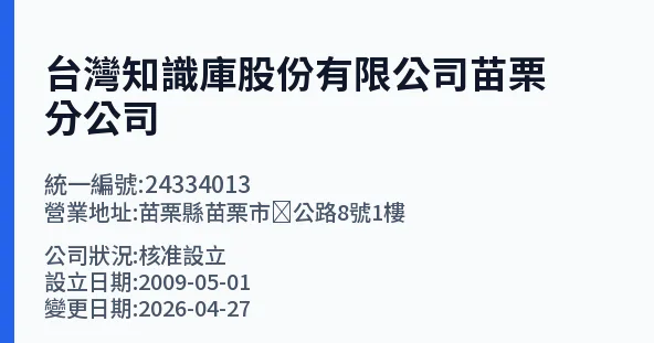 台灣知識庫股份有限公司苗栗分公司的照片-統編 24334013(苗栗縣) 公司登記資料與營業項目詳細圖表