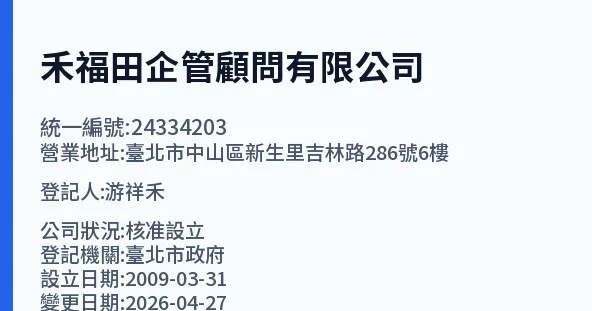 禾福田企管顧問有限公司的照片-統編 24334203(臺北市) 公司登記資料與營業項目詳細圖表