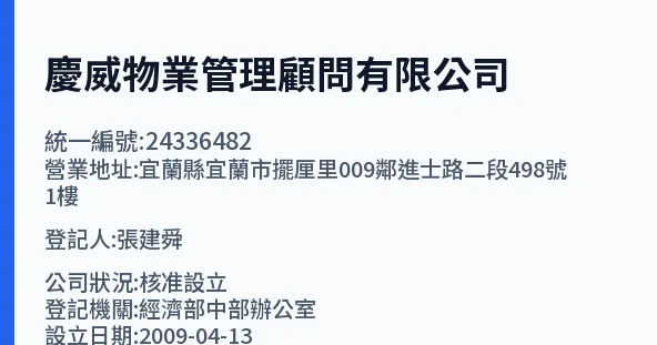 慶威物業管理顧問有限公司的照片-統編 24336482(宜蘭縣) 公司登記資料與營業項目詳細圖表