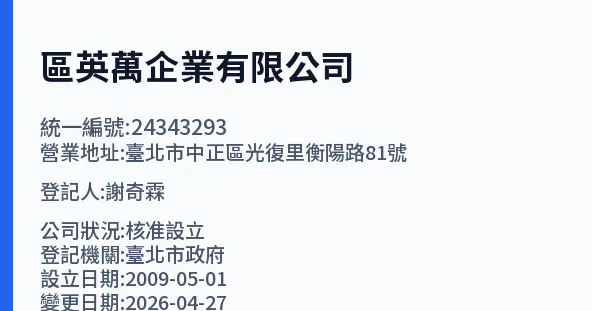 區英萬企業有限公司的照片-統編 24343293(臺北市) 公司登記資料與營業項目詳細圖表