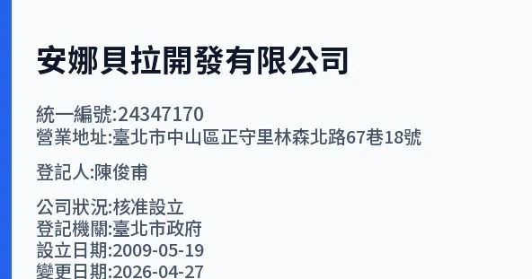 安娜貝拉開發有限公司的照片-統編 24347170(臺北市) 公司登記資料與營業項目詳細圖表