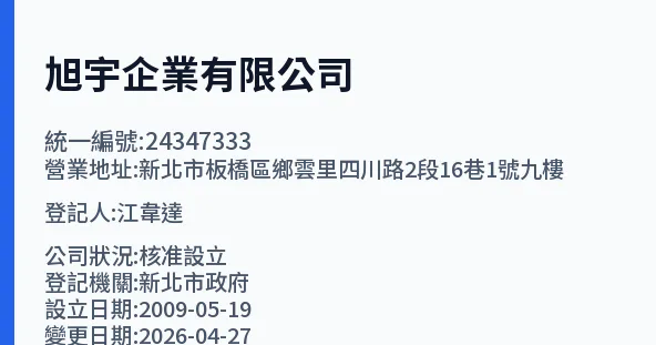 旭宇企業有限公司的照片-統編 24347333(新北市) 公司登記資料與營業項目詳細圖表