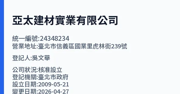 亞太建材實業有限公司的照片-統編 24348234(臺北市) 公司登記資料與營業項目詳細圖表