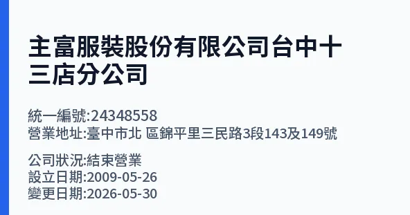 主富服裝股份有限公司台中十三店分公司的照片-統編 24348558(臺中市) 公司登記資料與營業項目詳細圖表