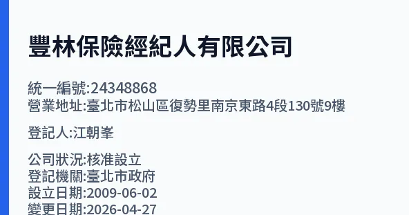 豐林保險經紀人有限公司的照片-統編 24348868(臺北市) 公司登記資料與營業項目詳細圖表