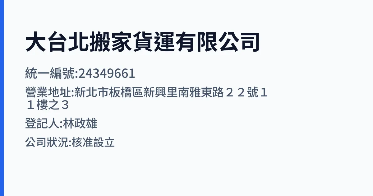 大台北搬家貨運有限公司 - 統編 24349661(新北市) 公司登記資料與營業項目詳細圖表