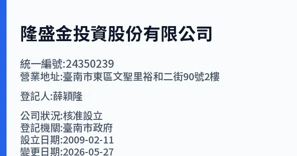 隆盛金投資股份有限公司的照片-統編 24350239(臺南市) 公司登記資料與營業項目詳細圖表