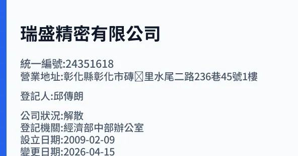 瑞盛精密有限公司的照片-統編 24351618(彰化縣) 公司登記資料與營業項目詳細圖表