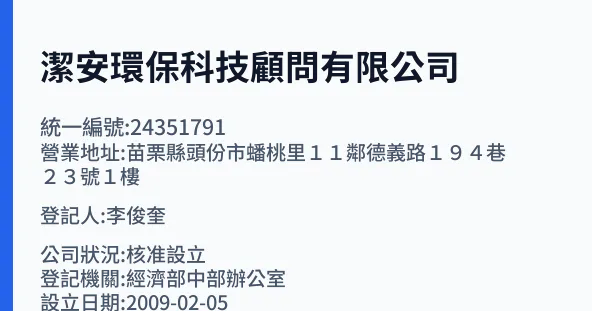 潔安環保科技顧問有限公司的照片-統編 24351791(苗栗縣) 公司登記資料與營業項目詳細圖表
