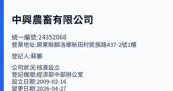 中興農畜有限公司的照片-統編 24352068(屏東縣) 公司登記資料與營業項目詳細圖表
