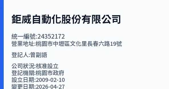 鉅威自動化股份有限公司的照片-統編 24352172(桃園市) 公司登記資料與營業項目詳細圖表