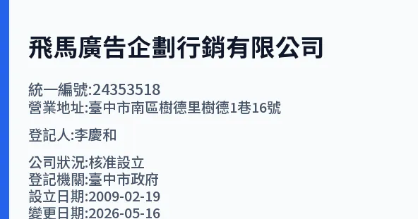 飛馬廣告企劃行銷有限公司的照片-統編 24353518(臺中市) 公司登記資料與營業項目詳細圖表