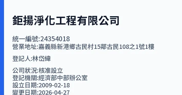 鉅揚淨化工程有限公司的照片-統編 24354018(嘉義縣) 公司登記資料與營業項目詳細圖表