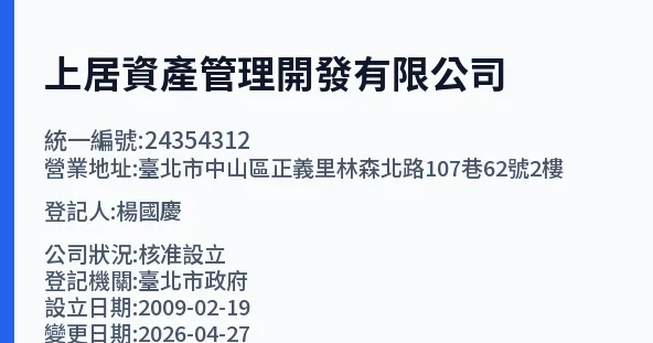 上居資產管理開發有限公司的照片-統編 24354312(臺北市) 公司登記資料與營業項目詳細圖表