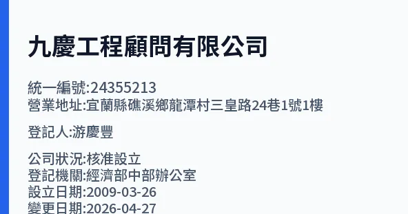 九慶工程顧問有限公司的照片-統編 24355213(宜蘭縣) 公司登記資料與營業項目詳細圖表