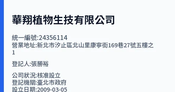 華翔植物生技有限公司的照片-統編 24356114(新北市) 公司登記資料與營業項目詳細圖表