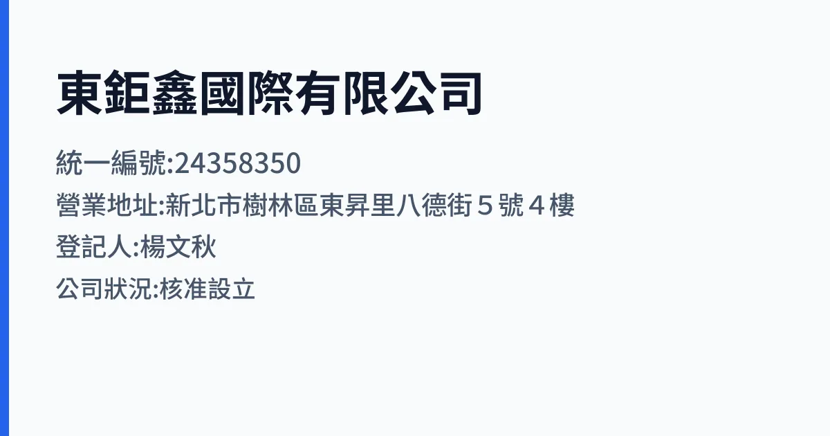 東鉅鑫國際有限公司 - 統編 24358350(新北市) 公司登記資料與營業項目詳細圖表