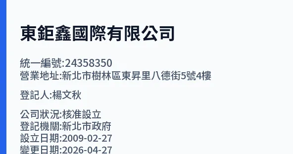 東鉅鑫國際有限公司的照片-統編 24358350(新北市) 公司登記資料與營業項目詳細圖表