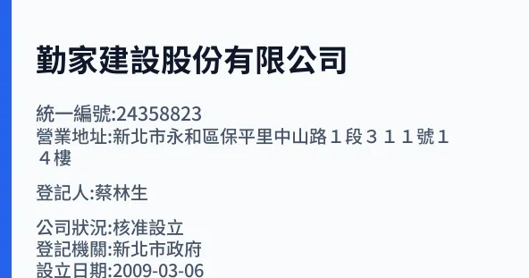 勤家建設股份有限公司的照片-統編 24358823(新北市) 公司登記資料與營業項目詳細圖表