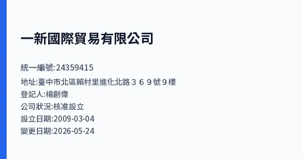 一新國際貿易有限公司的照片-統編 24359415(臺中市) 公司登記資料與營業項目詳細圖表