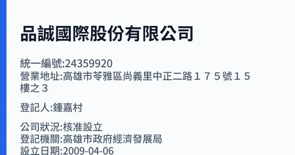品誠國際股份有限公司的照片-統編 24359920(高雄市) 公司登記資料與營業項目詳細圖表