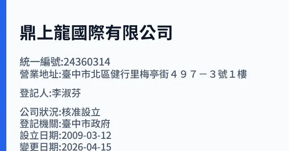 鼎上龍國際有限公司的照片-統編 24360314(臺中市) 公司登記資料與營業項目詳細圖表