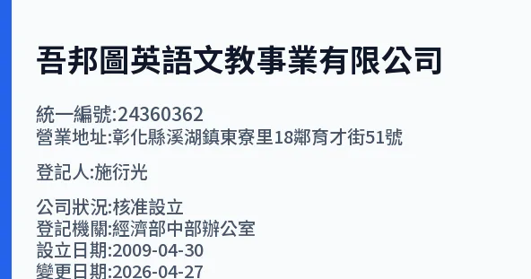 吾邦圖英語文教事業有限公司的照片-統編 24360362(彰化縣) 公司登記資料與營業項目詳細圖表