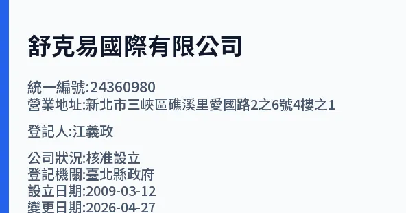舒克易國際有限公司的照片-統編 24360980(新北市) 公司登記資料與營業項目詳細圖表