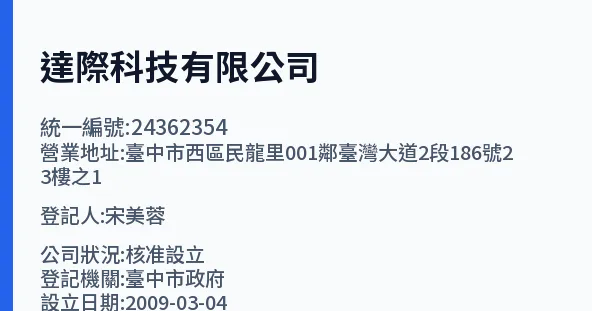 達際科技有限公司的照片-統編 24362354(臺中市) 公司登記資料與營業項目詳細圖表