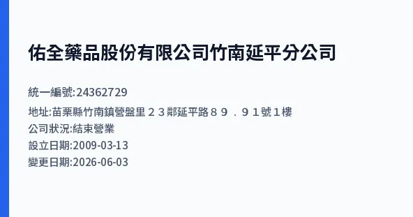 佑全藥品股份有限公司竹南延平分公司的照片-統編 24362729(苗栗縣) 公司登記資料與營業項目詳細圖表