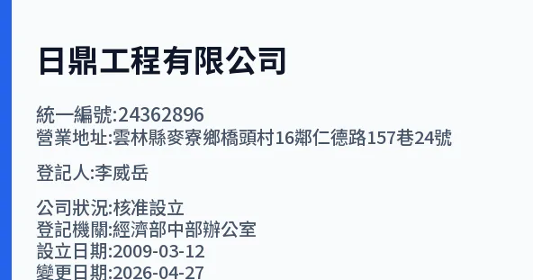 日鼎工程有限公司的照片-統編 24362896(雲林縣) 公司登記資料與營業項目詳細圖表