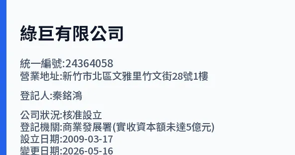 綠巨有限公司的照片-統編 24364058(新竹市) 公司登記資料與營業項目詳細圖表