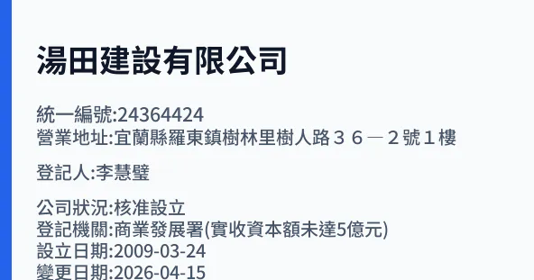 湯田建設有限公司的照片-統編 24364424(宜蘭縣) 公司登記資料與營業項目詳細圖表