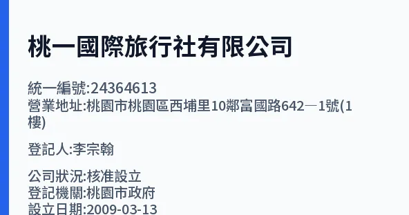 桃一國際旅行社有限公司的照片-統編 24364613(桃園市) 公司登記資料與營業項目詳細圖表