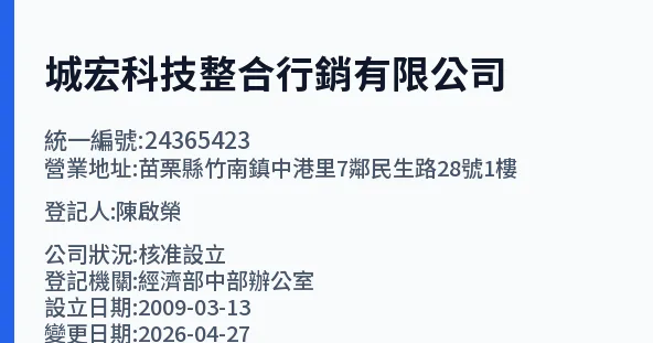 城宏科技整合行銷有限公司的照片-統編 24365423(苗栗縣) 公司登記資料與營業項目詳細圖表
