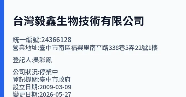 台灣毅鑫生物技術有限公司的照片-統編 24366128(臺中市) 公司登記資料與營業項目詳細圖表