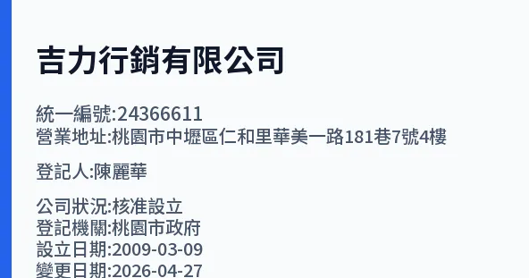 吉力行銷有限公司的照片-統編 24366611(桃園市) 公司登記資料與營業項目詳細圖表