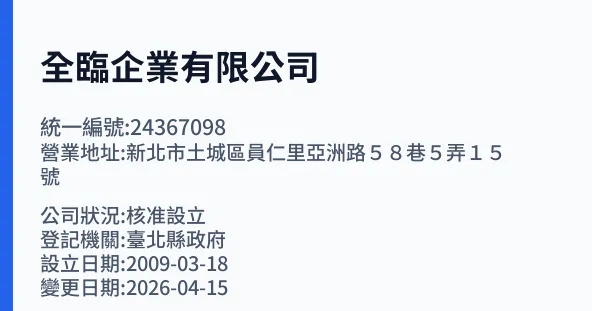 全臨企業有限公司的照片-統編 24367098(新北市) 公司登記資料與營業項目詳細圖表