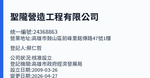 聖隴營造工程有限公司的照片-統編 24368863(高雄市) 公司登記資料與營業項目詳細圖表