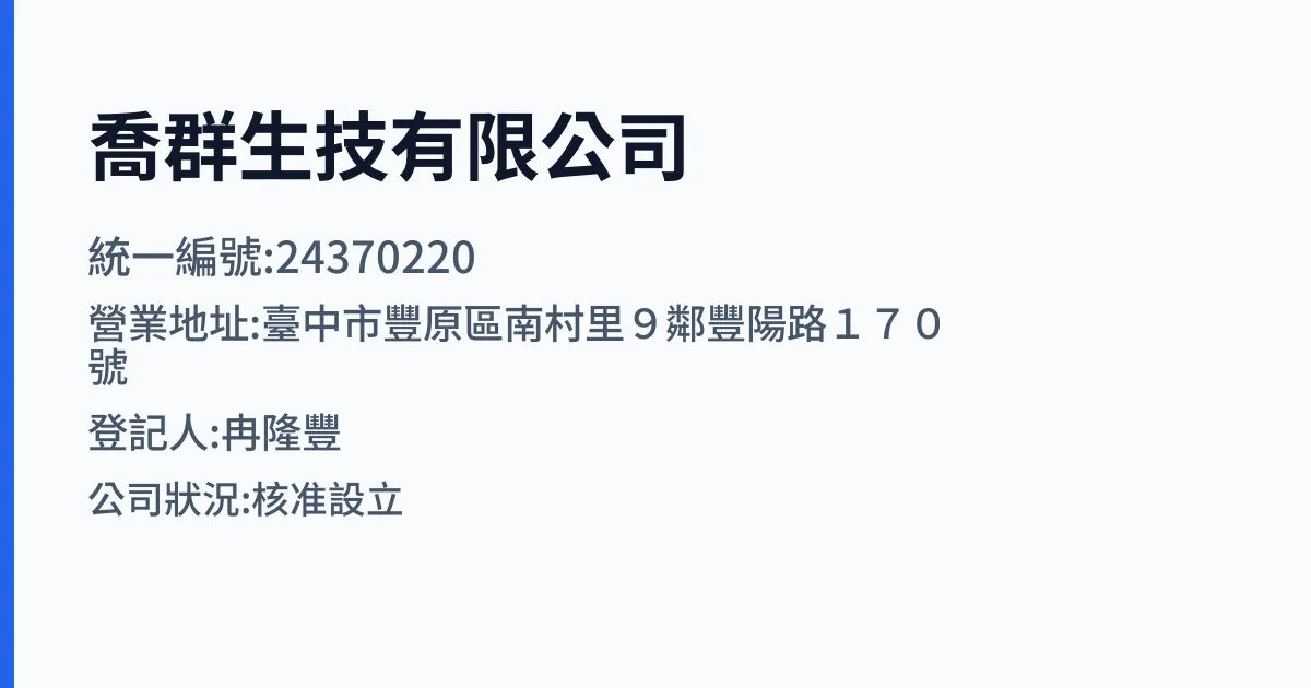 喬群生技有限公司 - 統編 24370220(臺中市) 公司登記資料與營業項目詳細圖表
