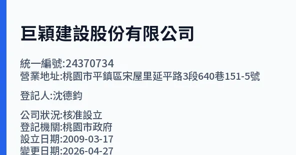 巨穎建設股份有限公司的照片-統編 24370734(桃園市) 公司登記資料與營業項目詳細圖表