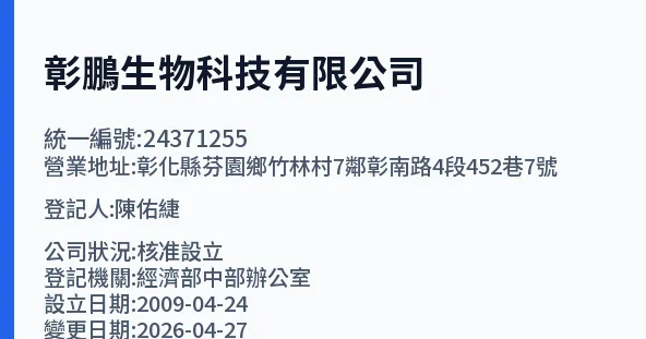 彰鵬生物科技有限公司的照片-統編 24371255(彰化縣) 公司登記資料與營業項目詳細圖表