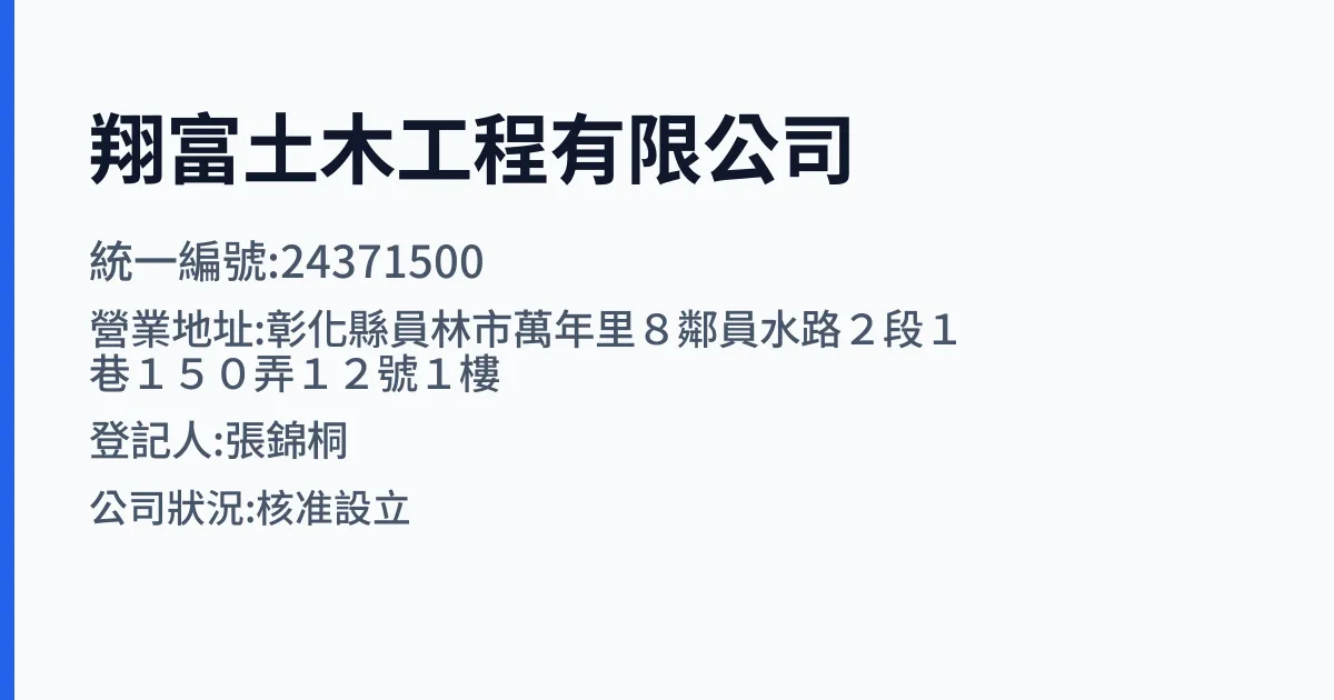 翔富土木工程有限公司 - 統編 24371500(彰化縣) 公司登記資料與營業項目詳細圖表