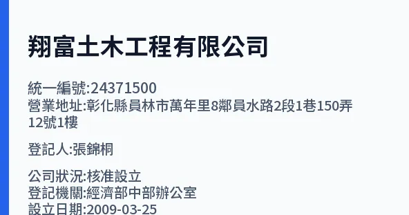 翔富土木工程有限公司的照片-統編 24371500(彰化縣) 公司登記資料與營業項目詳細圖表