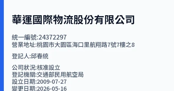 華運國際物流股份有限公司的照片-統編 24372297(桃園市) 公司登記資料與營業項目詳細圖表