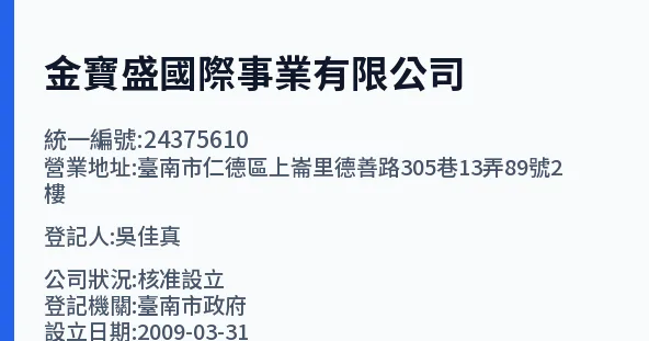 金寶盛國際事業有限公司的照片-統編 24375610(臺南市) 公司登記資料與營業項目詳細圖表
