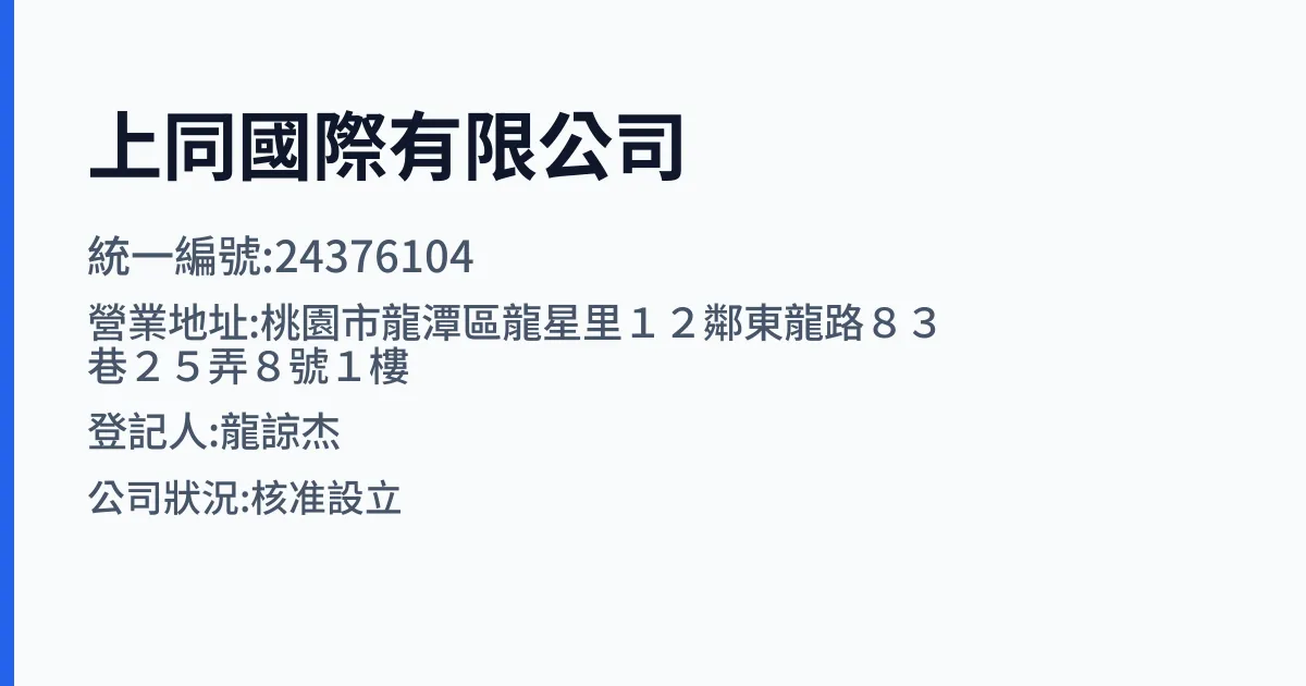 上同國際有限公司 - 統編 24376104(桃園市) 公司登記資料與營業項目詳細圖表