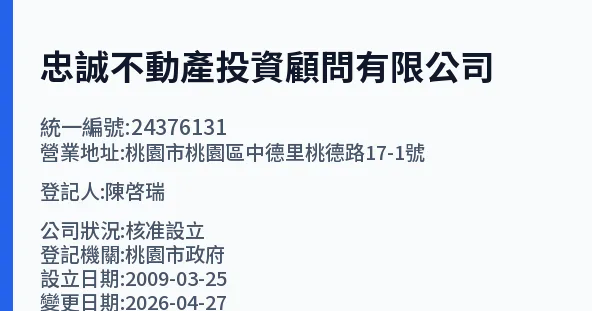 忠誠不動產投資顧問有限公司的照片-統編 24376131(桃園市) 公司登記資料與營業項目詳細圖表