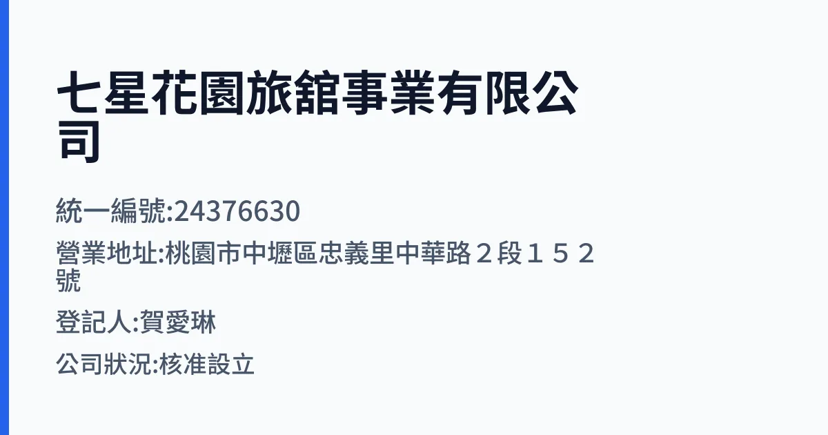 七星花園旅舘事業有限公司 - 統編 24376630(桃園市) 公司登記資料與營業項目詳細圖表